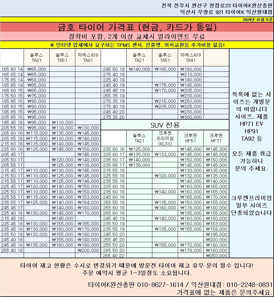 24년 1월 최신가격표 업데이트완료 금호 한국 넥센 트럭용 엔진오일 단짠아쿠아삼천점오픈 전라북도 전주시 완산구 삼천동2가